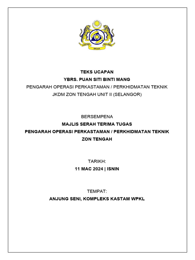 Teks Ucapan Popp Puan Siti Binti Mang - Majlis Serah Terima Tugas | PDF