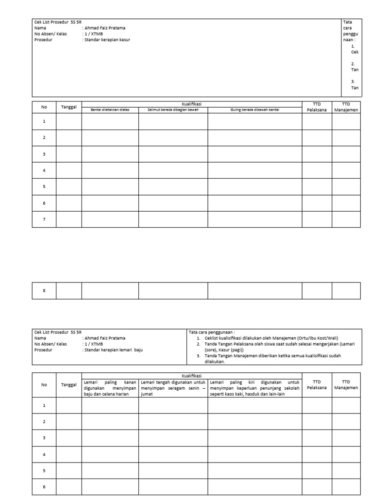 Cek List Prosedur 5S 5R | PDF