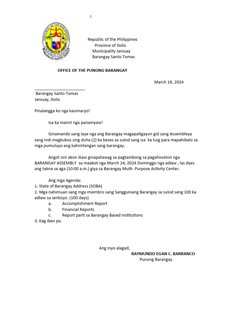 Letter of Brgy. Assembly | PDF