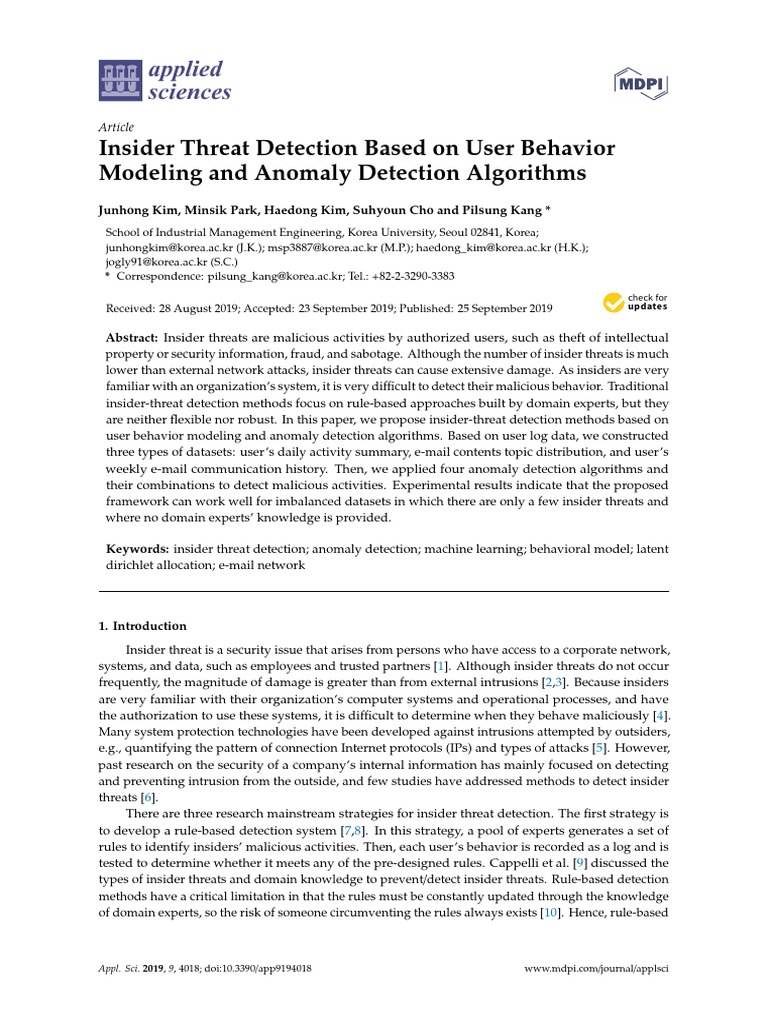 2019 MDPI Insider Threat Detection Based On User Behavior Modeling and Anomaly | PDF | Machine ...