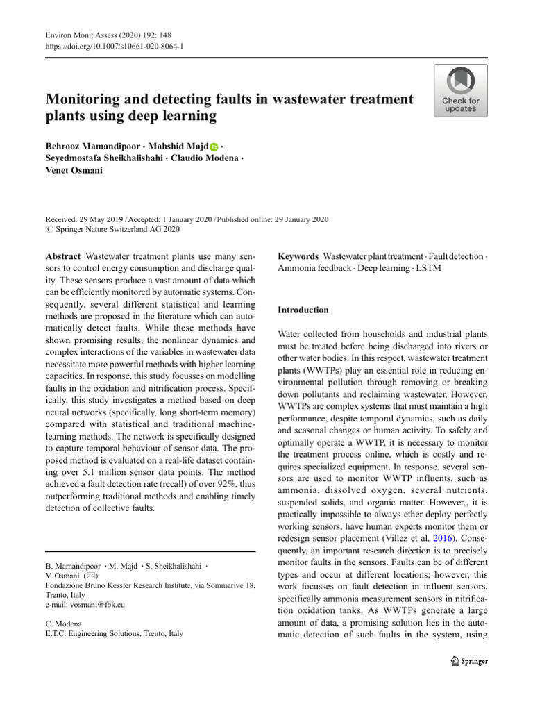Monitoring and Detecting Faults in Wastewater Treatment Plants Using Deep Learning | PDF ...
