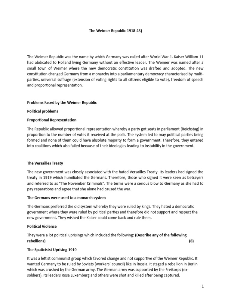 The Weimer Republic 1918 | PDF | Nazi Germany | Weimar Republic