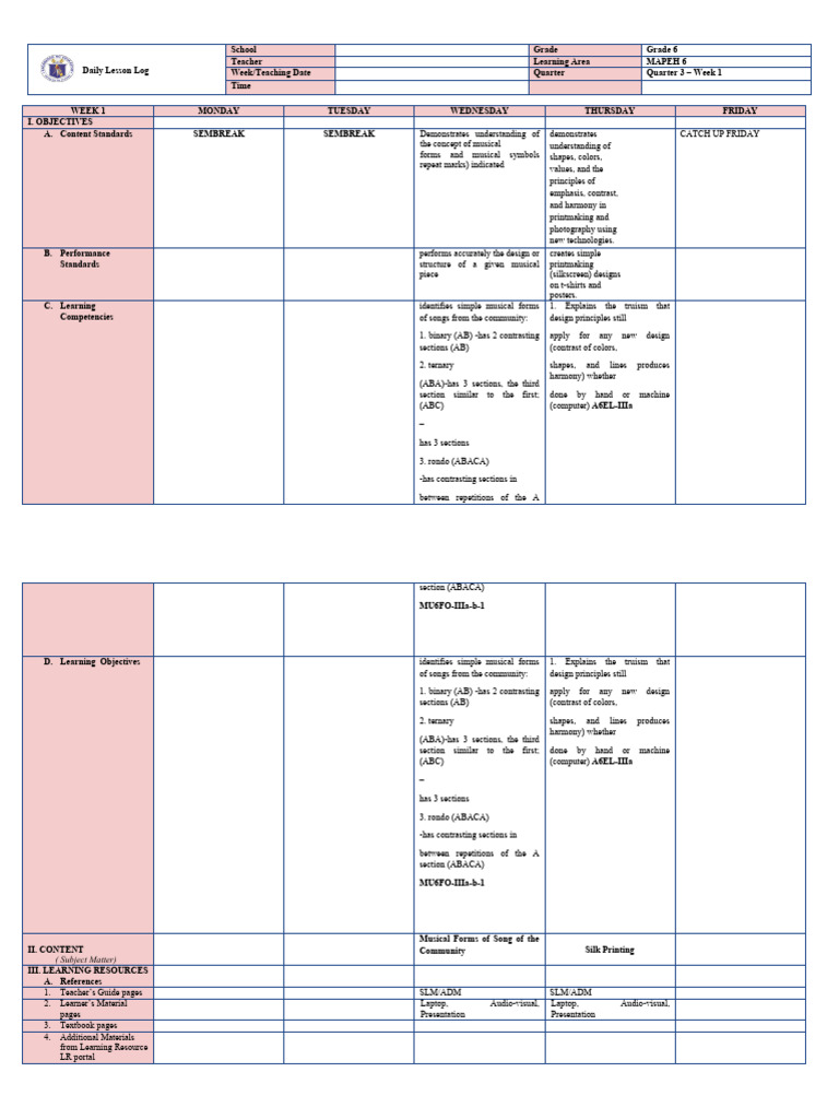 DLL Mapeh Q3 W1 | PDF | Musical Forms