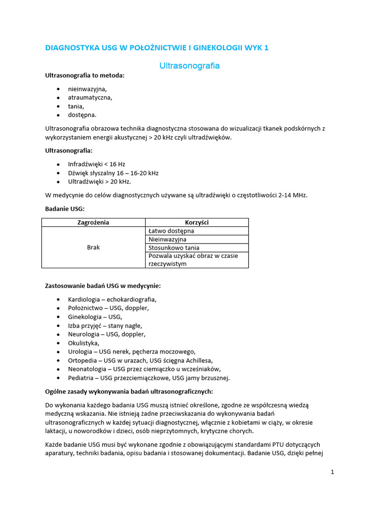 Diagnostyka USG W POÅ I GIN WYK 1 | PDF