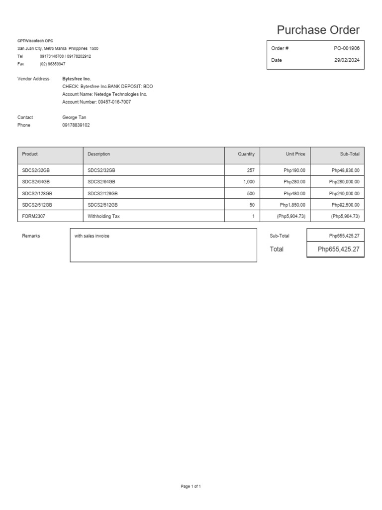 PurchaseOrder-PO-001906 Revised v2 | PDF