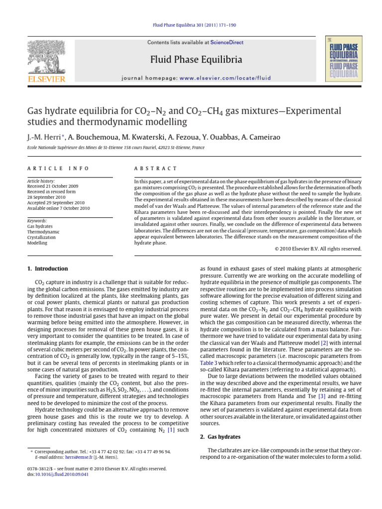 Gas Hydrate Equilibria For CO 2 - N 2 and CO 2 - CH 4 Gas Mixtures-Experimental Studies and ...