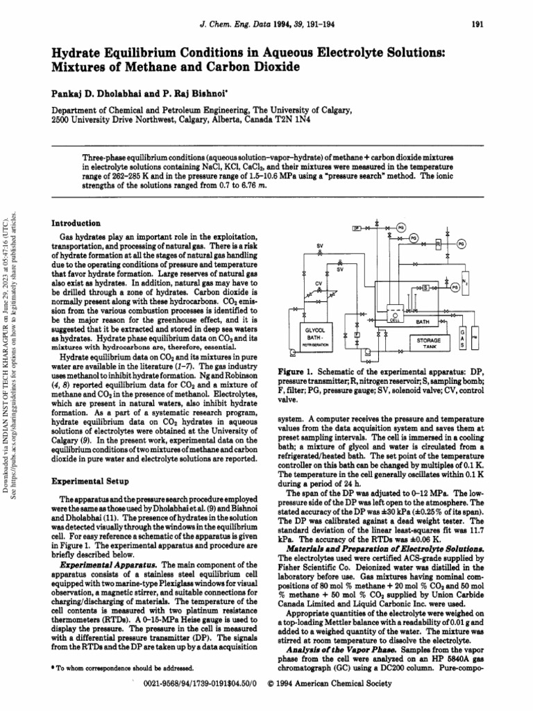 Hydrate Equilibrium Conditions in Aqueous Electrolyte Solutions Mixtures of Methane and ...