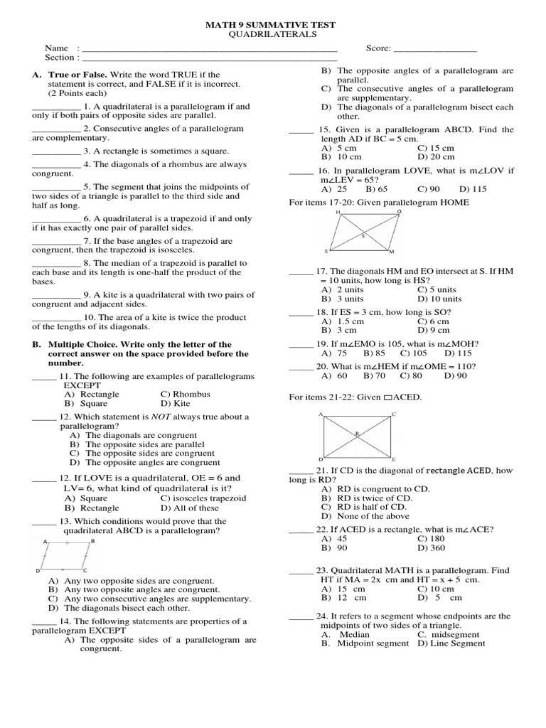 Summative Test Quadrilaterals | PDF | Rectangle | Elementary Geometry