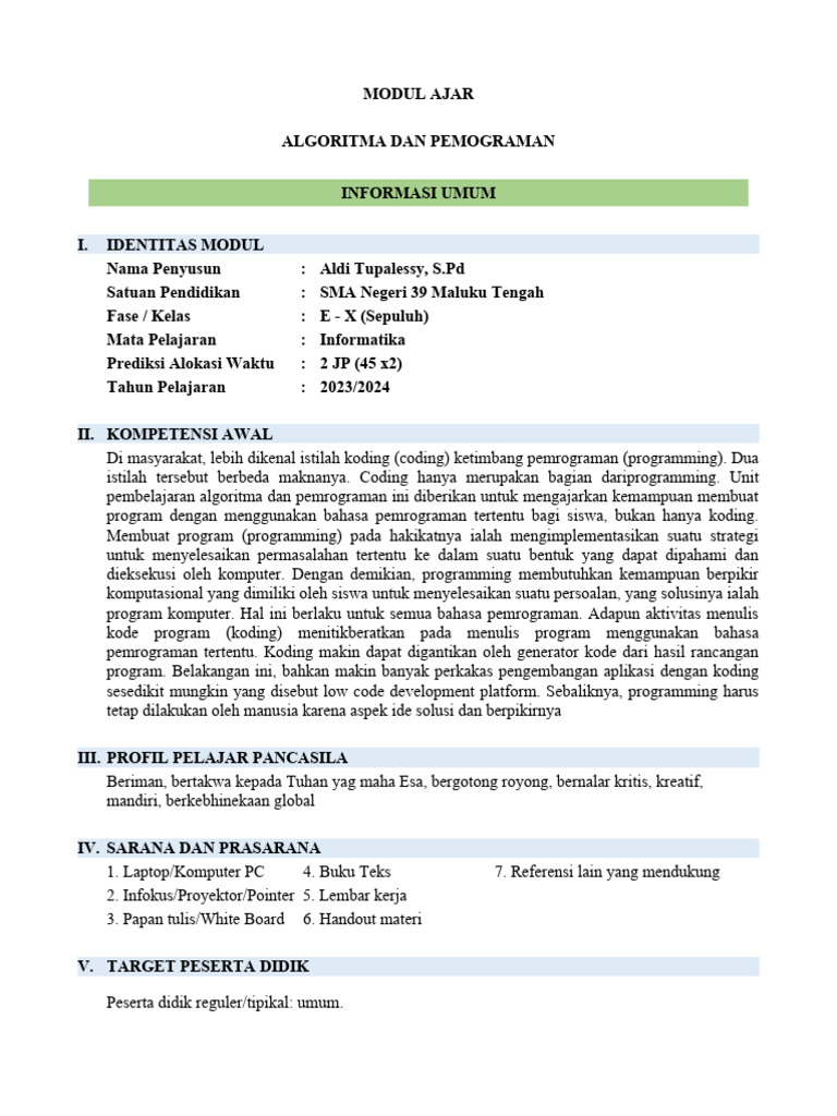 MODUL AJAR 5 (Algoritma Dan Pemograman) | PDF | Karier & Perkembangan MODUL AJAR 5 (Algoritma Dan Pemograman) | PDF | Karier & Perkembangan