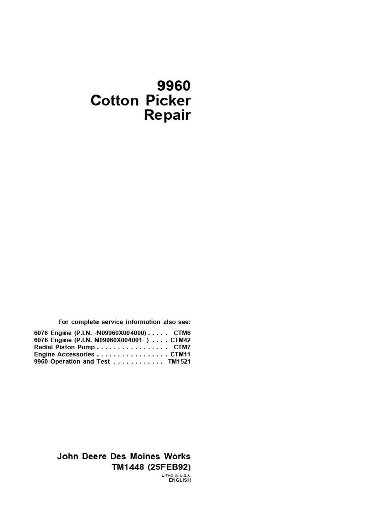 9960 Cotton Picker Repair Manual | PDF | Welding | Construction