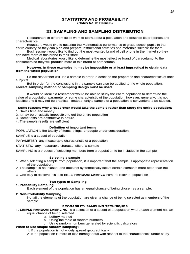 Notes No. 6 For 11 E SAMPLING AND SAMPLING DISTRIBUTION | PDF | Type I ...