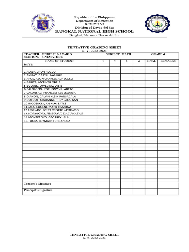 2022-2023 Nematode Grading Sheet | PDF