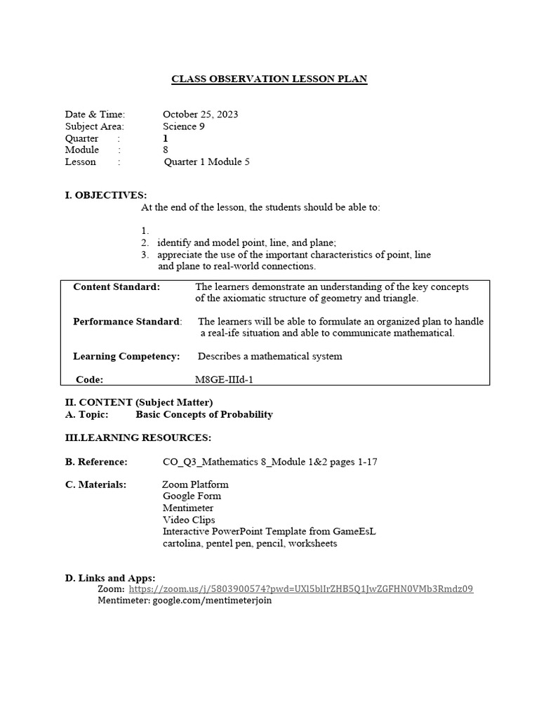 2023 Lesson Plan in Science 9-1st CO | PDF | Learning | Probability