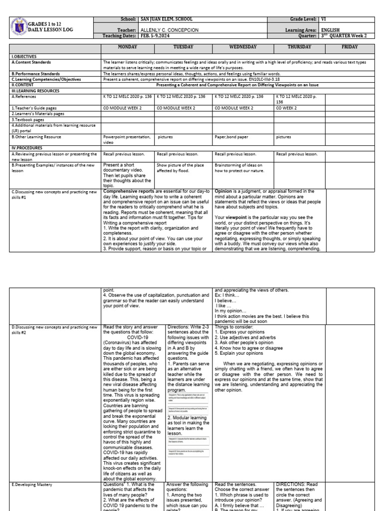 Dll English 6 Q3 W2 Pdf Learning Opinion
