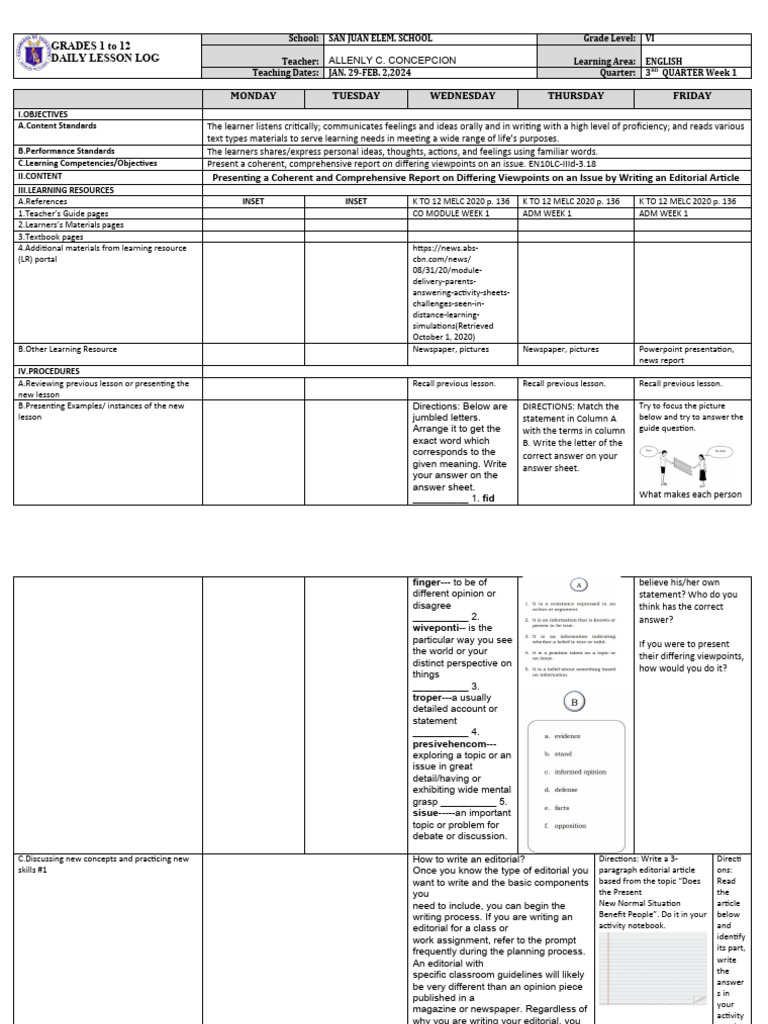 DLL - English 6 - Q3 - W1 | PDF | Learning | Cognition