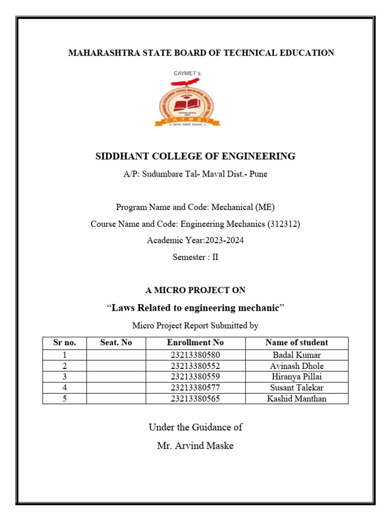 Micro Project on Engineering Mechanics | PDF