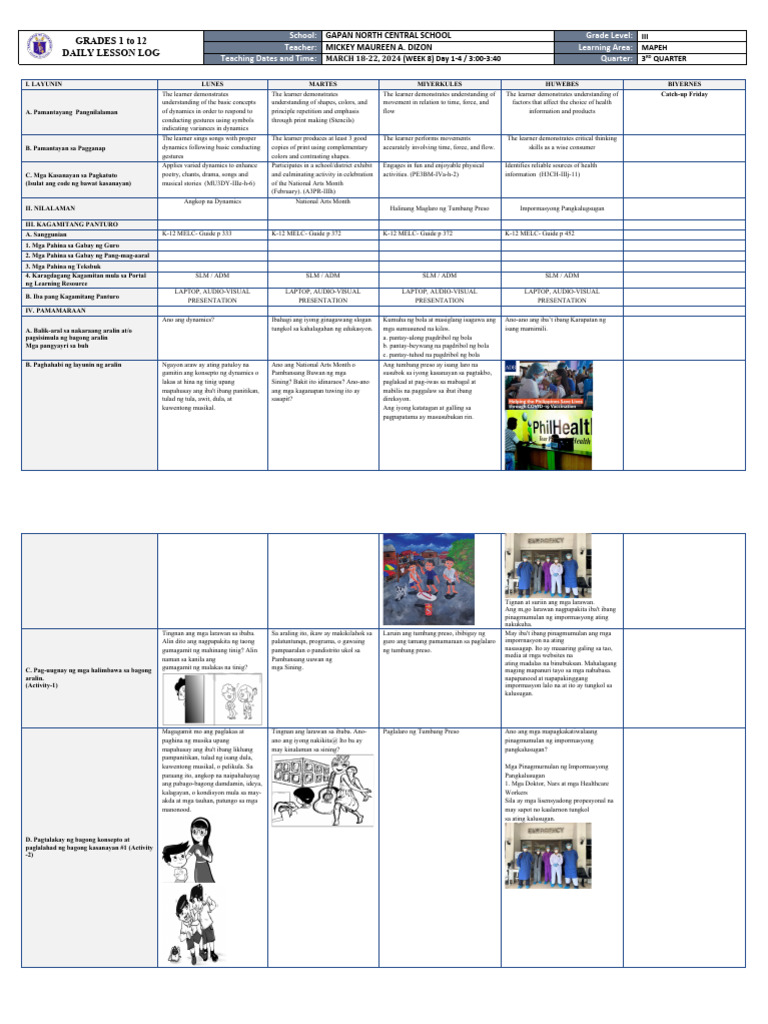 Grade-3 DLL Q3 W8 MAPEH | Download Free PDF | Learning | Mental Processes