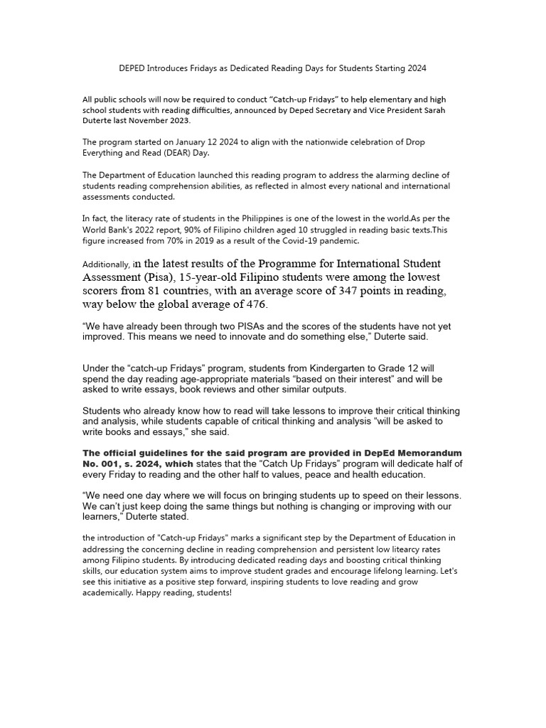 DEPED Introduces Fridays As Dedicated Reading Days | PDF | Literacy ...