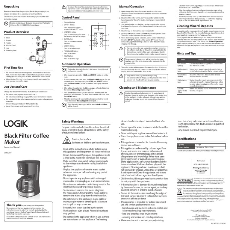 Logik L14DCB19 Coffee Machine Manual | PDF | Electrical Connector | Ac ...