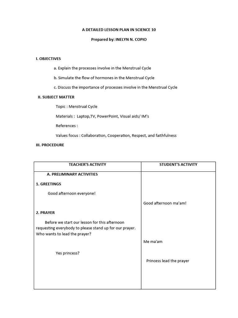 MENSTRUAL CYCLE Lesson Plan (Copioinelyn) - Demonstration | PDF ...