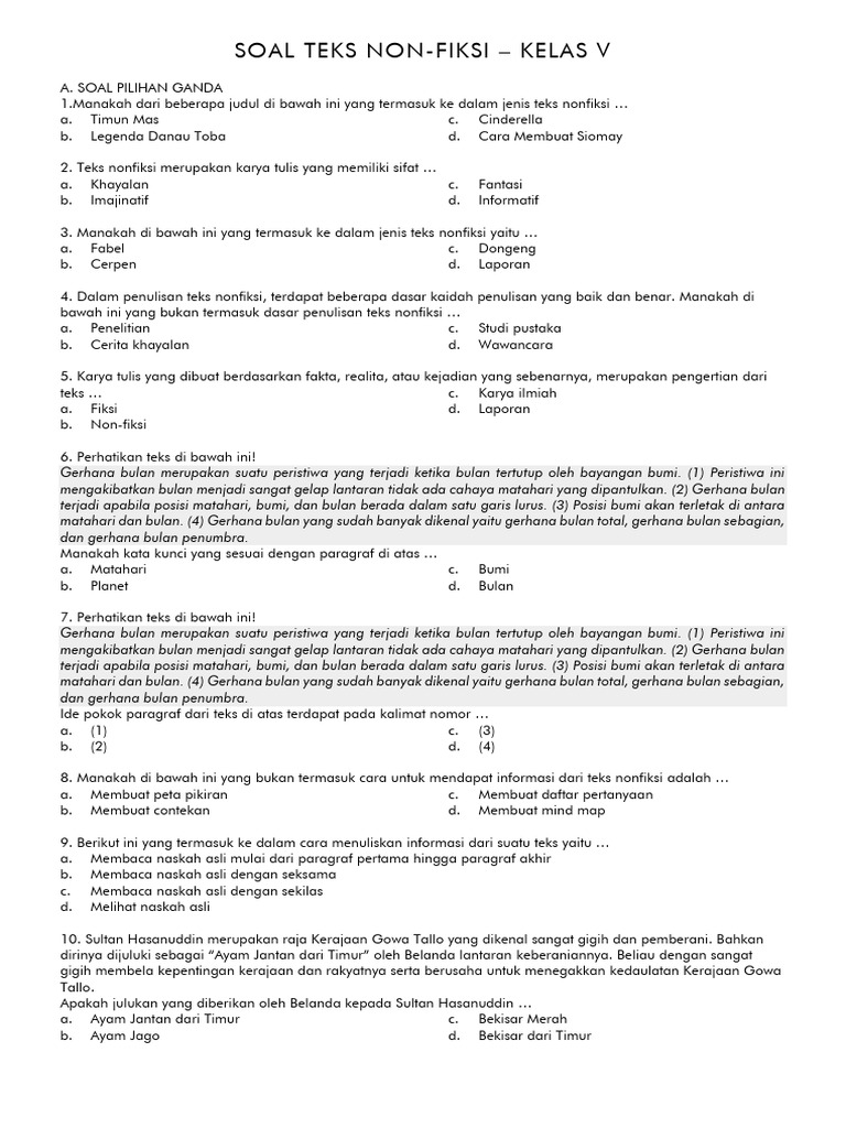 Soal Teks Nonfiksi Kelas 5 SD | PDF | Fiksi Umum