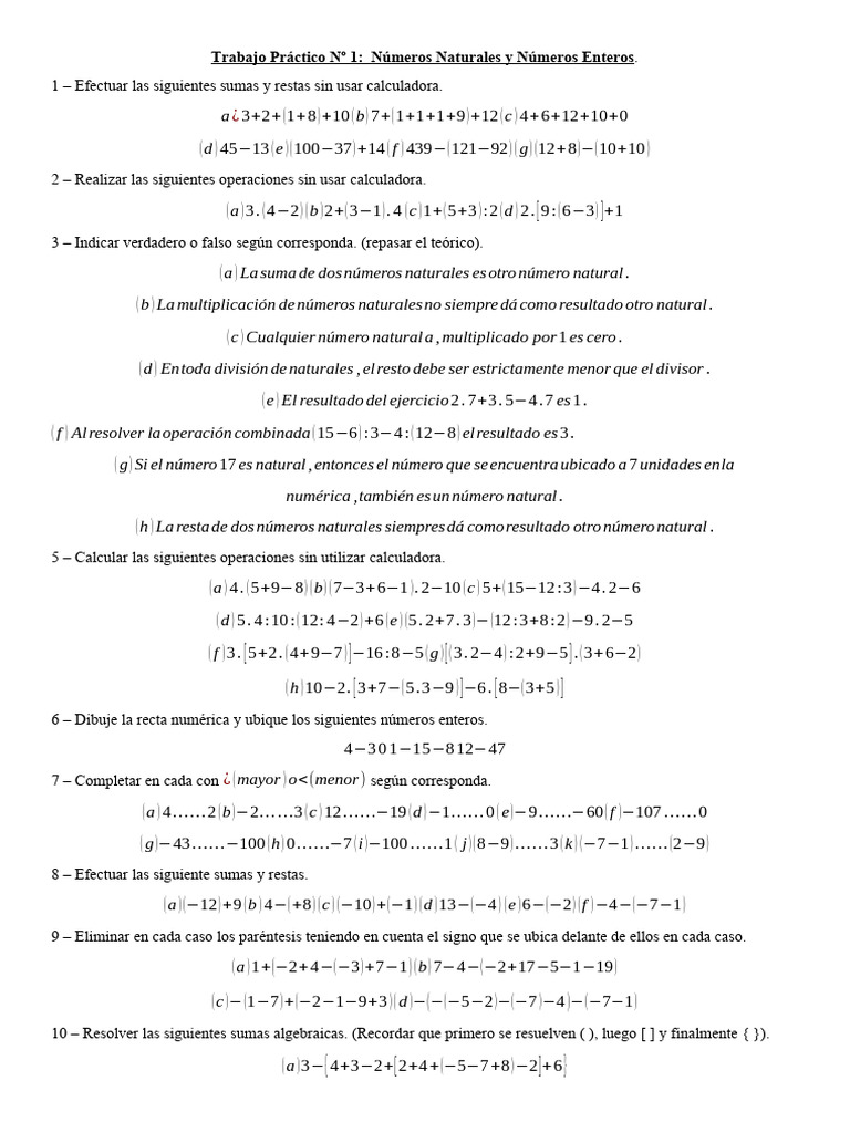 Practico Nº 1 - Numeros Naturales y Numeros Enteros | PDF | Entero | Lógica matemática