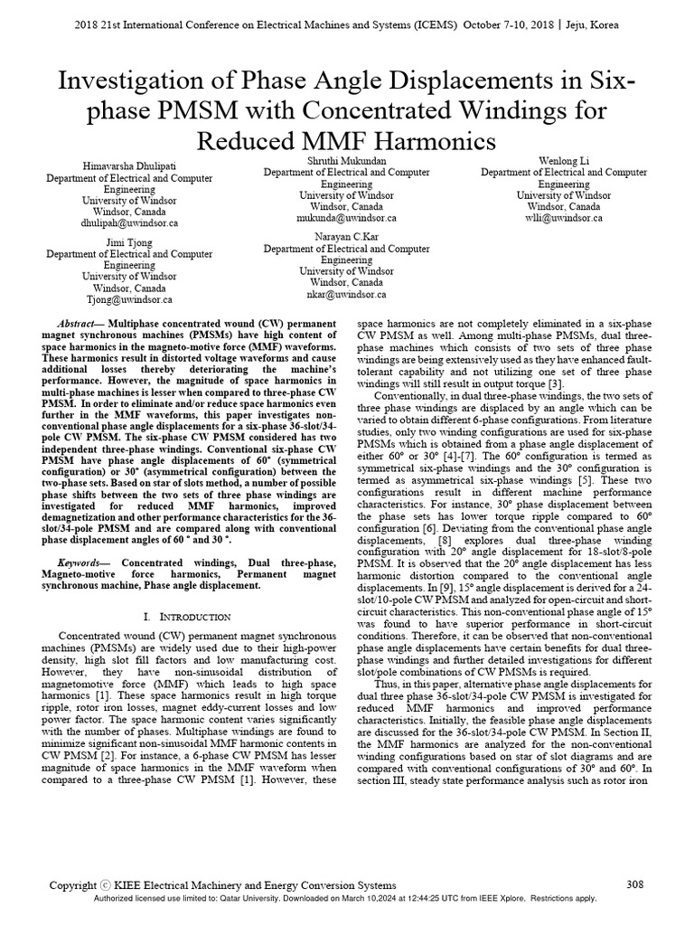 Investigation of Phase Angle Displacements in Six-Phase PMSM With Concentrated Windings For ...