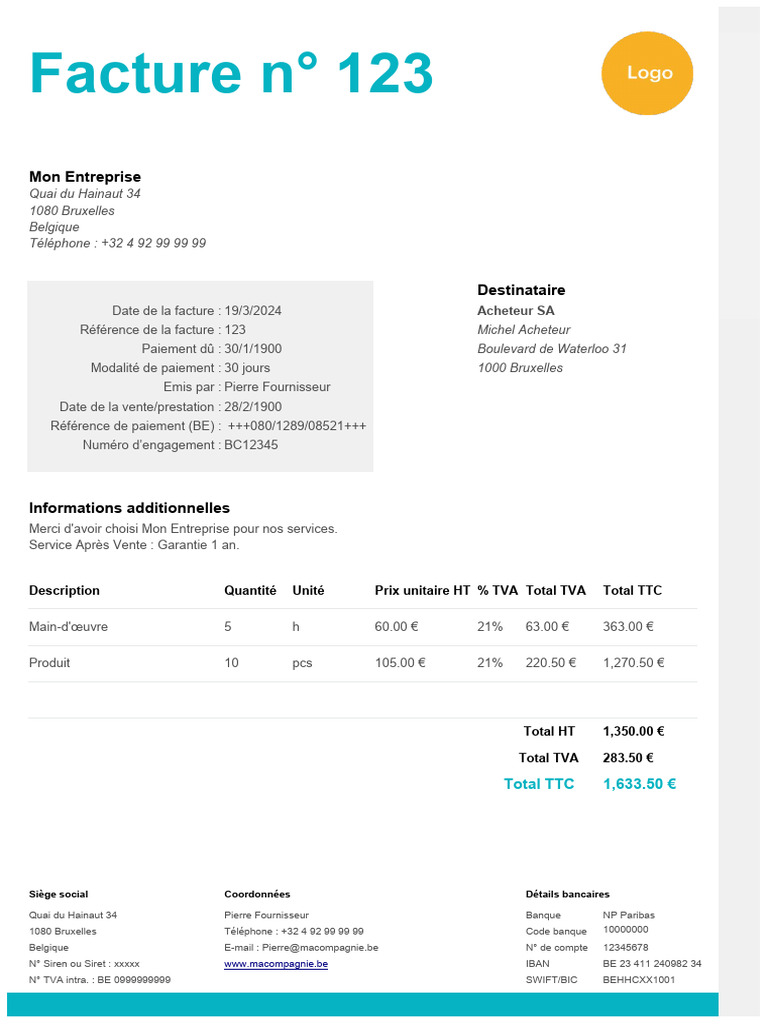 FR-modele Facture Belgique | PDF | Facture | Taxe sur la valeur ajoutée
