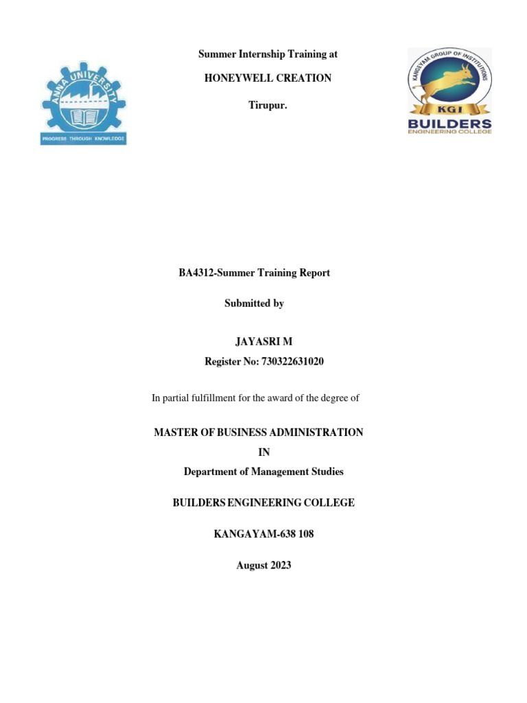 JAYASRI - Internship Report | PDF | Textiles | Sewing