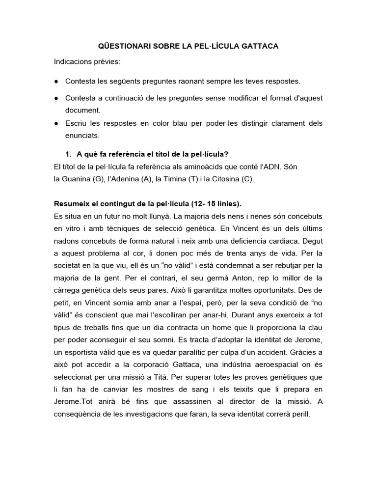 Qüestionari Pel Lícula Gattaca | PDF