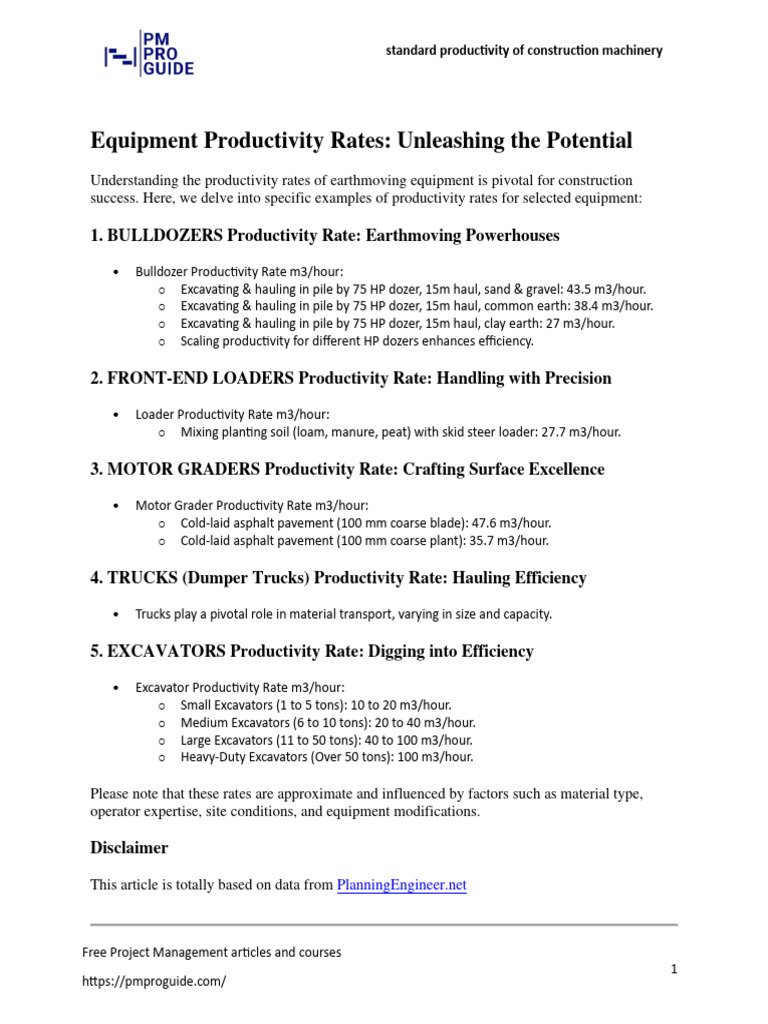 Construction Equipment Productivity Rates | PDF | Home & Garden ...