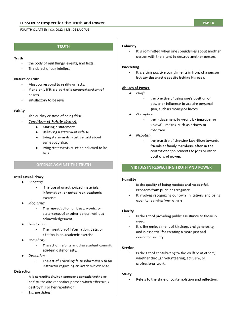 (ESP) LESSON 3 - Respect For The Truth and Power | PDF | Truth | Deception