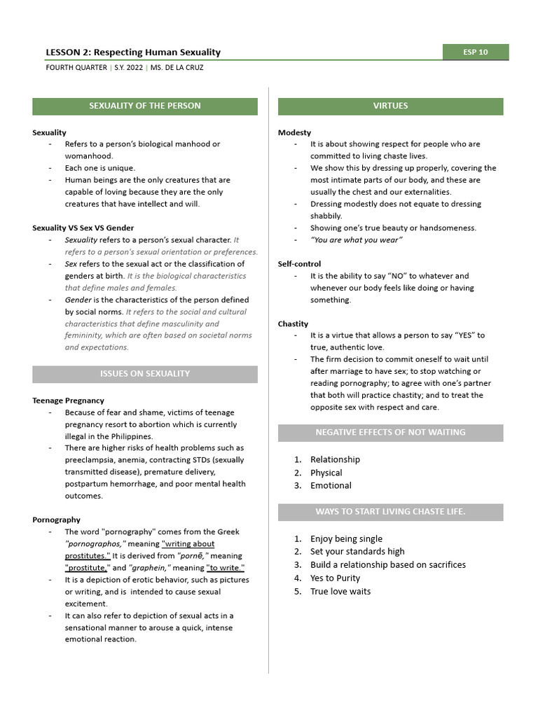 (ESP) LESSON 2_ Respecting Human Sexuality | PDF | Gender | Gender Studies