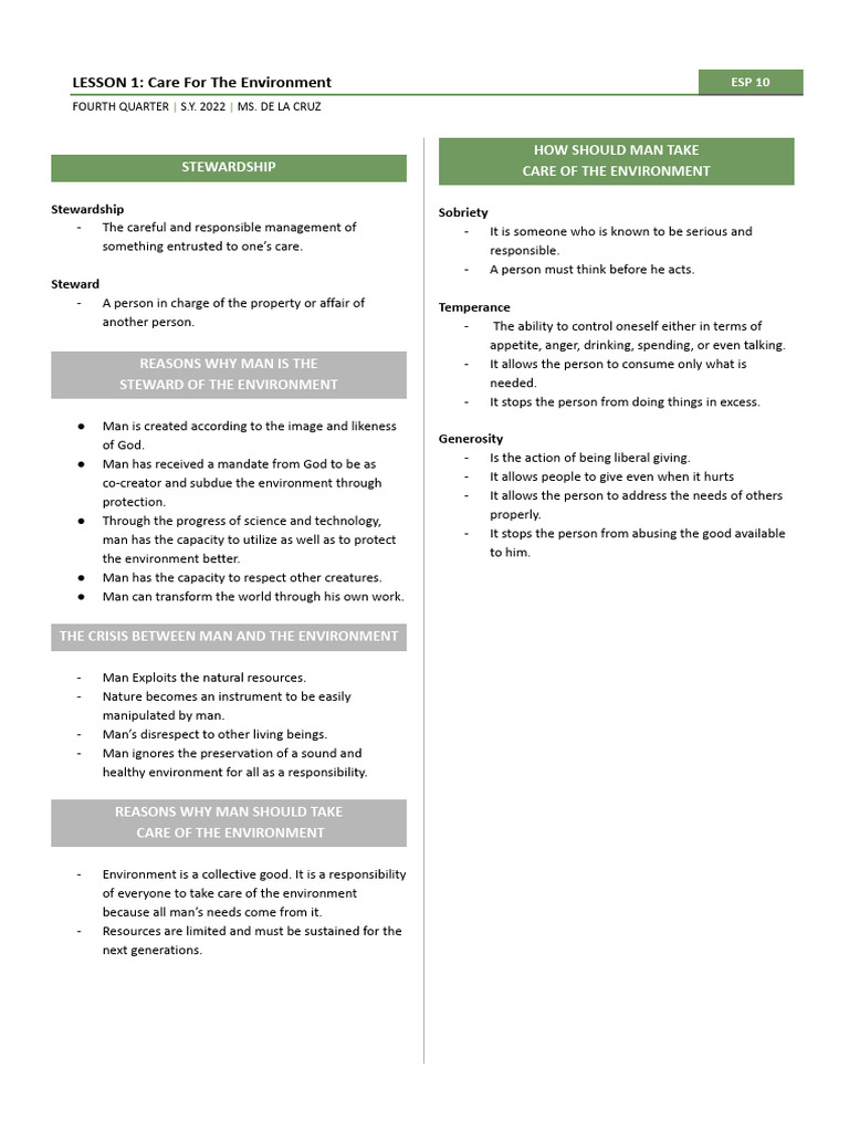 (ESP) LESSON 1 - Care For The Environment | PDF