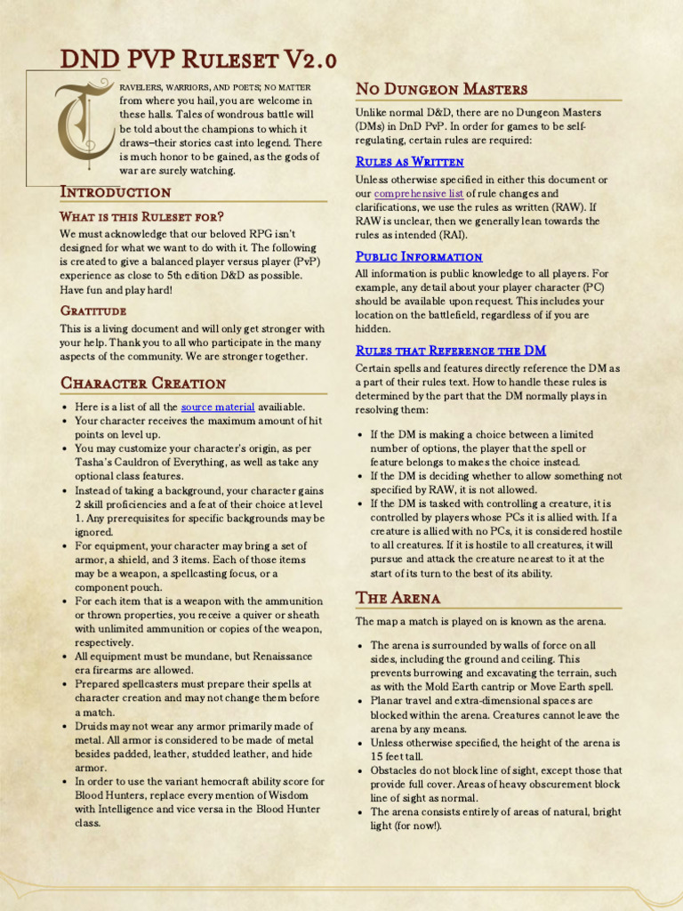 DND PVP Ruleset V2.0 | PDF | Dungeons & Dragons | Role Playing Games