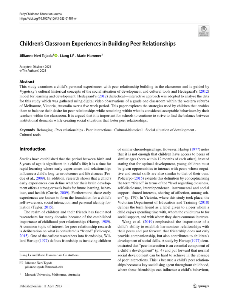 Children's Classroom Experiences in Building Peer Relationship | PDF ...