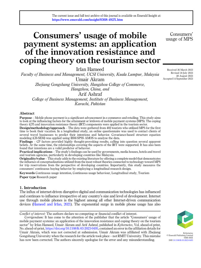 Consumers Usage Of Mobile Payment Systems An Application Ofthe Innovation Resistance And Coping
