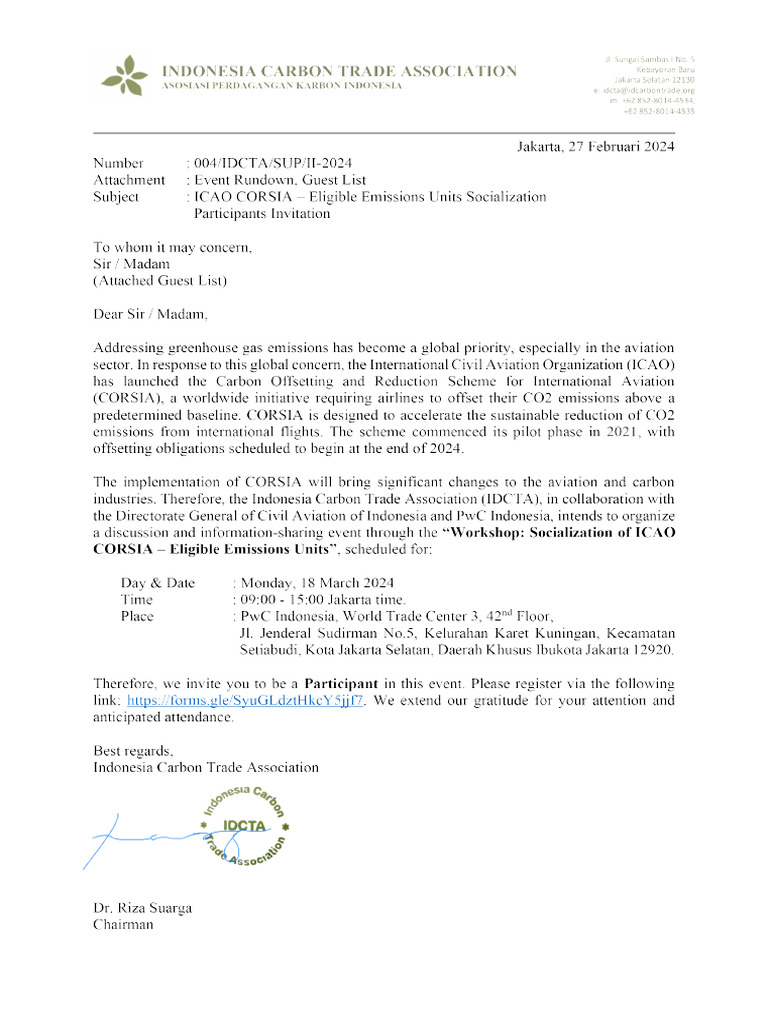 Participants Invitation - Workshop - Socialization of ICAO CORSIA | PDF