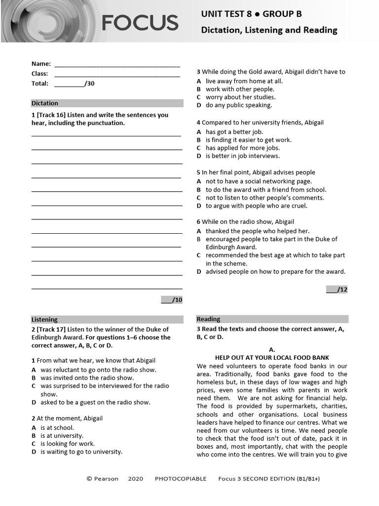 Focus3 2E Unit Test Dictation Listening Reading Unit8 GroupB | PDF ...