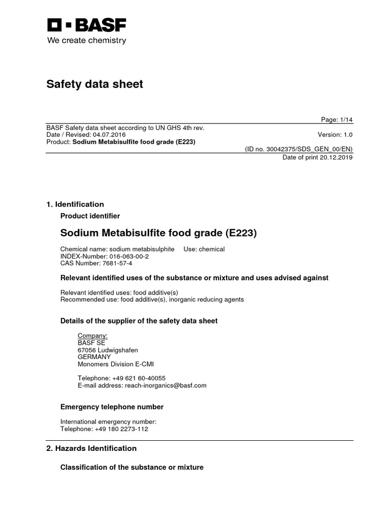 Sodium Metabisulfite Safety Data Sheet | PDF | Toxicity | Dangerous Goods