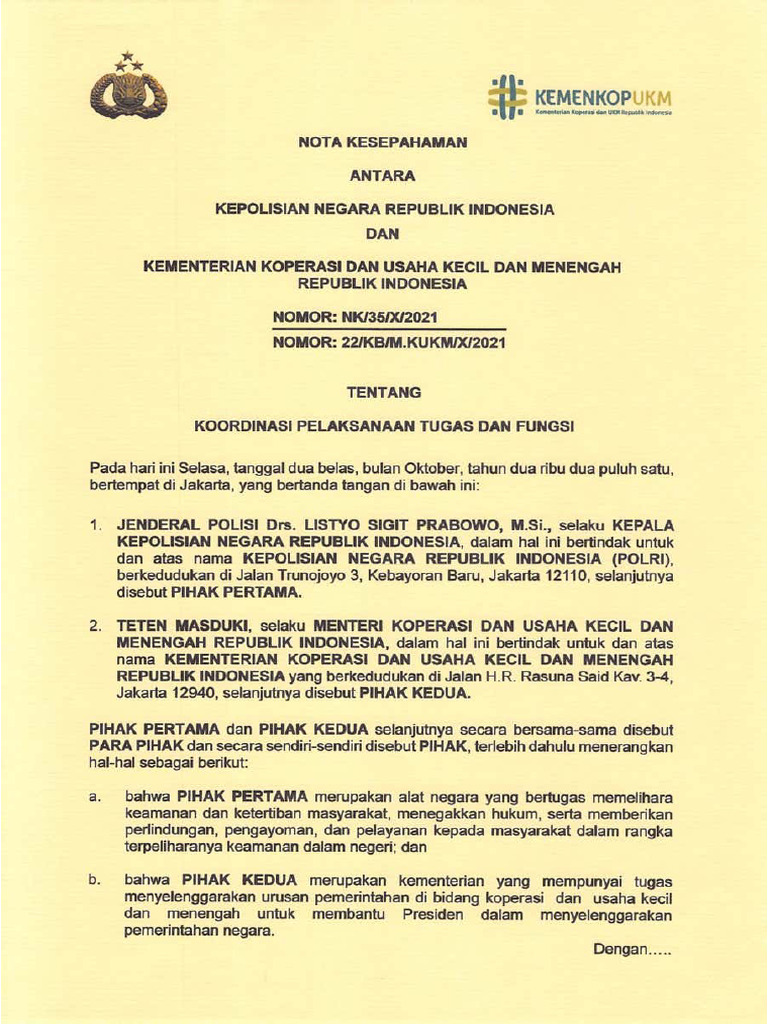 Nota Kesepahaman Kemenkop Polri | PDF
