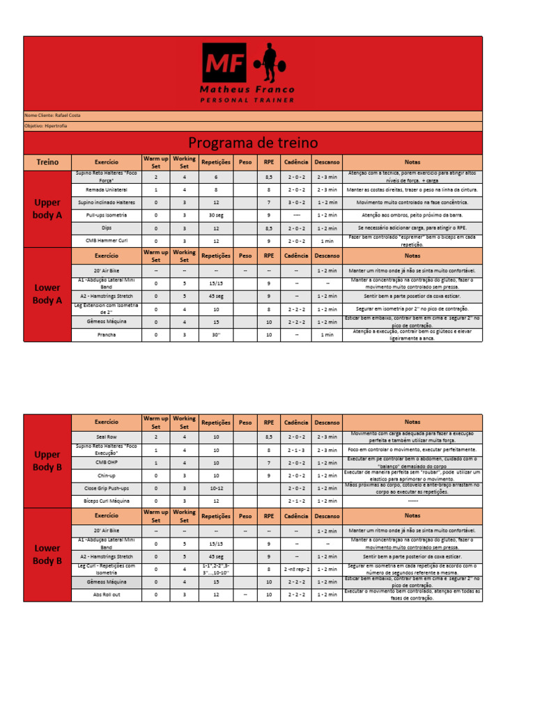 Planilha de Treino Rafael Costa | PDF | Musculação | Membros (anatomia)