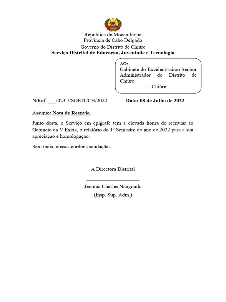 Nota de Envio Relatorio Junho | PDF