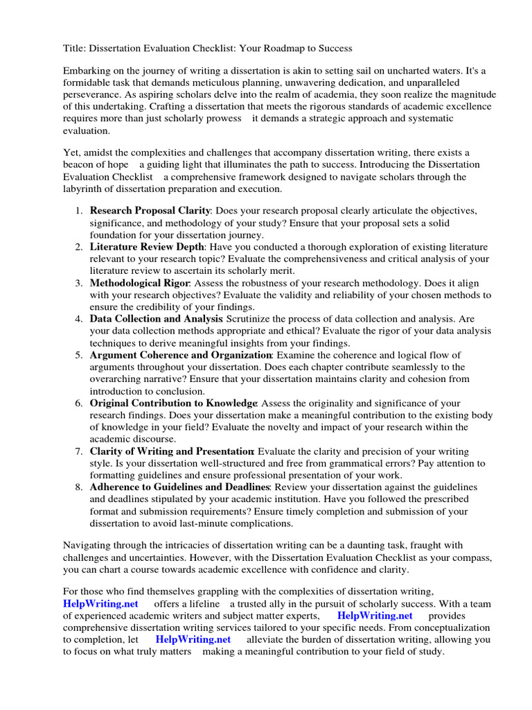 Dissertation Evaluation Checklist Guide | PDF | Thesis | Methodology