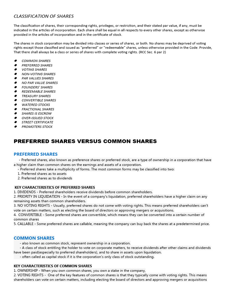 CLASSIFICATION OF SHARES | PDF | Stocks | Preferred Stock
