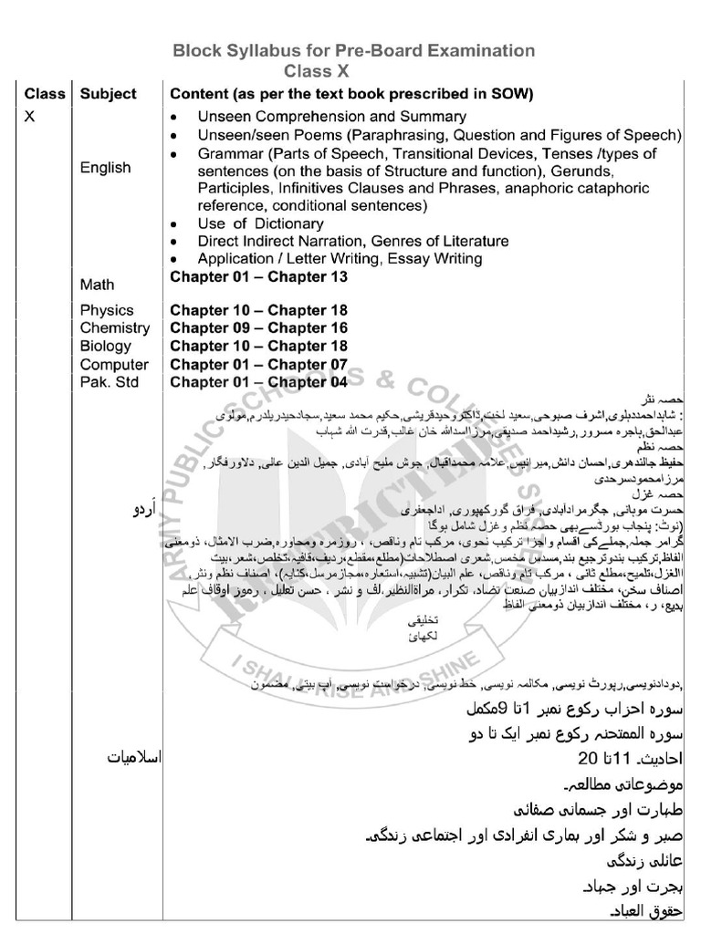 Block Syllabus For Pre-Board Grade X Feb 2024 | PDF