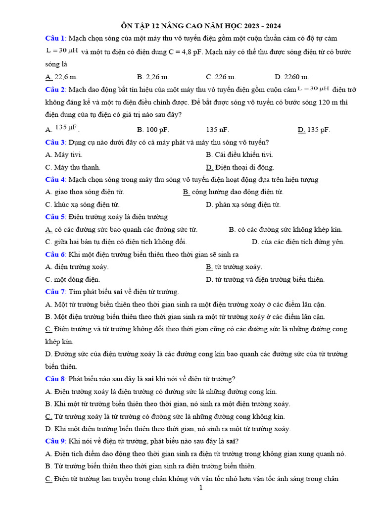 De Cuong Gi A Kì 12 Nâng Cao 210 Câu Hkii Nam 2023 - 2024 | PDF