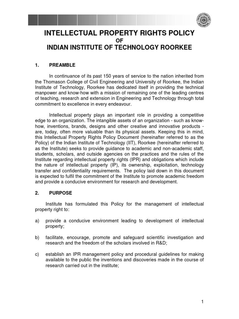 Intellectual Property Rights Policy - IITR | PDF | Intellectual Property | Patent