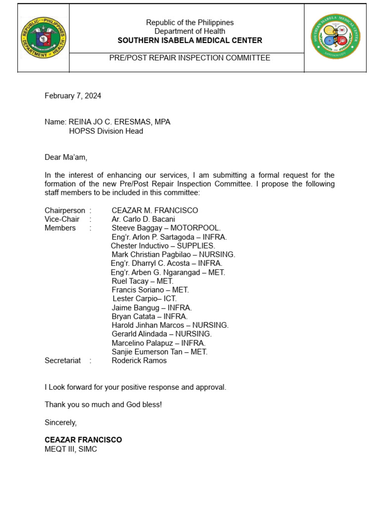 New Pre, Post Repair Committee Request Letter | PDF
