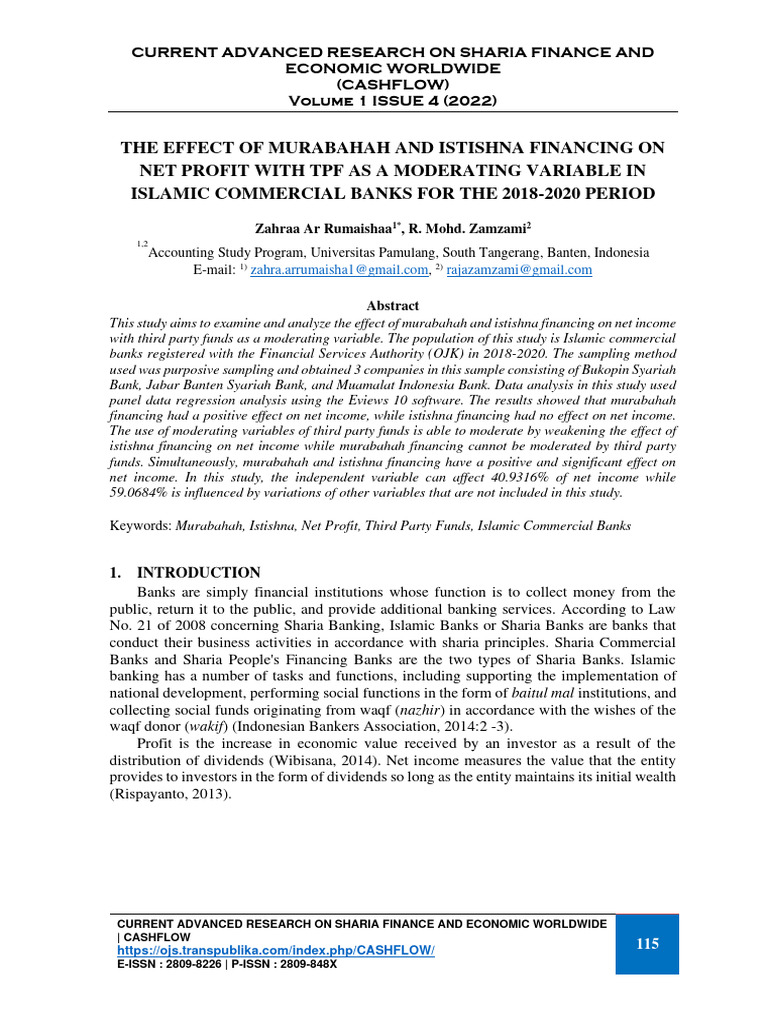 The Effect of Murabahah and Istishna Financing On Net Profit With TPF As A Moderating Variable ...